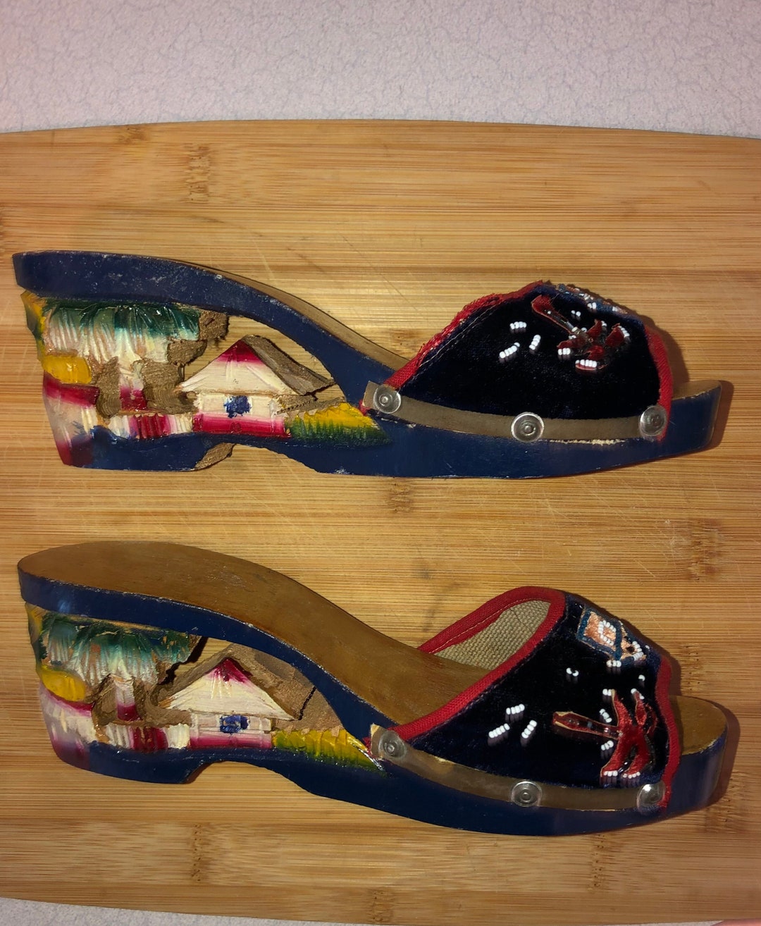 Wooden Filipino Bakya Carved Painted and Beaded Black Velvet - Etsy