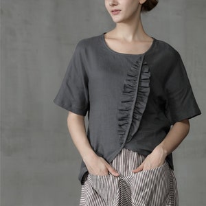 French Linen Top Blouse in Gray/White Earth Day Top Linen | Etsy