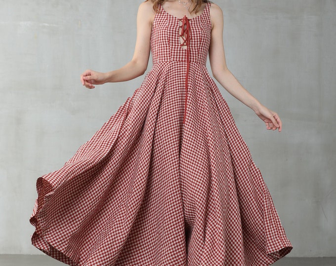 Strappy Maxi Linen Dress Red Check Linen Dress Slip Dress - Etsy