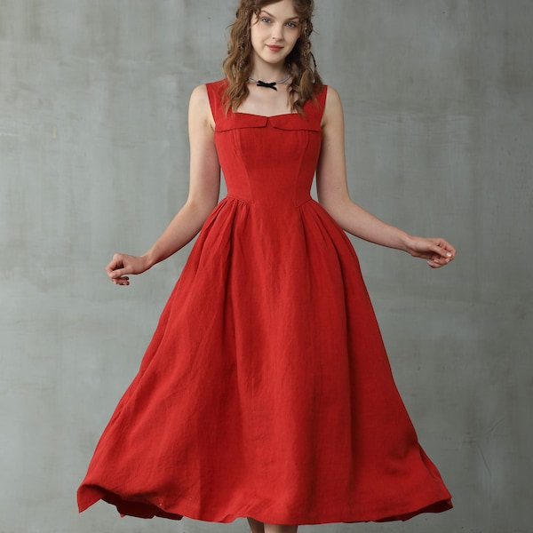 Red Linen Dress - Etsy