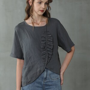 French Linen Top Blouse in Gray/white, Earth Day Top, Linen Shirt ...