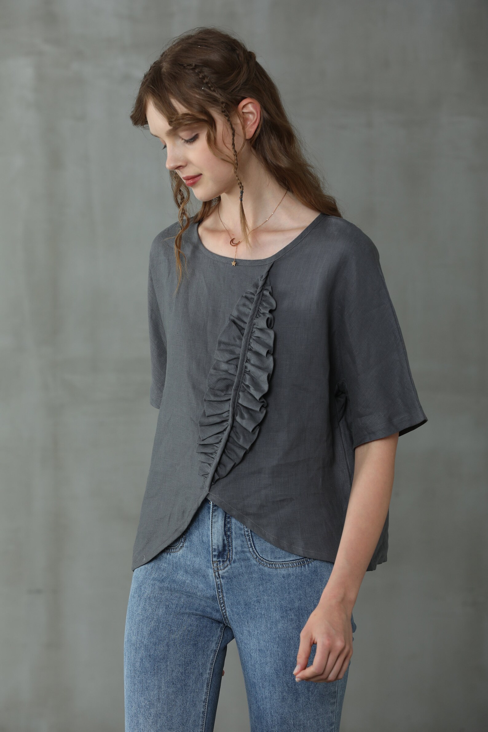 French Linen Top Blouse in Gray/white Earth Day Top Linen - Etsy Canada