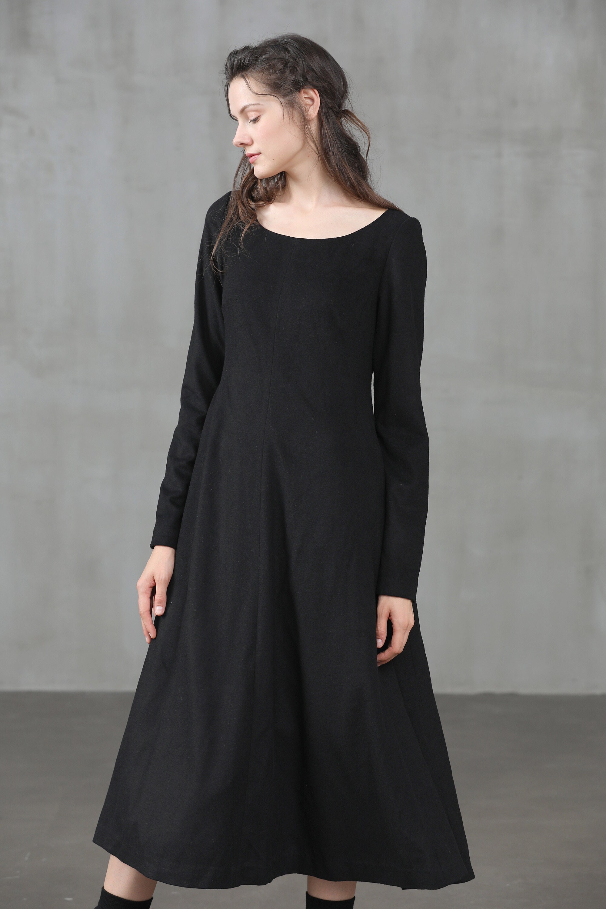 Black wool dress winter dress little black dress longsleeve | Etsy