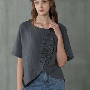 French Linen Top Blouse in Gray/white, Earth Day Top, Linen Shirt ...