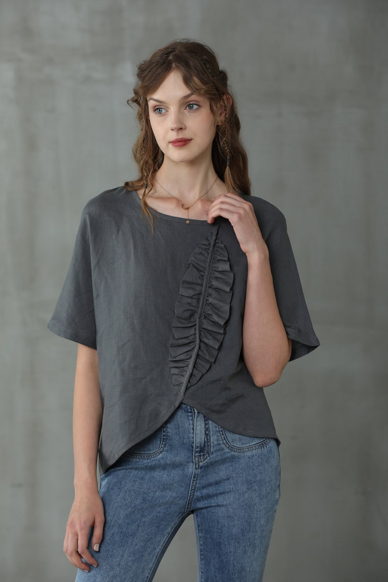 French Linen Top Blouse in Gray/white Earth Day Top Linen - Etsy Canada