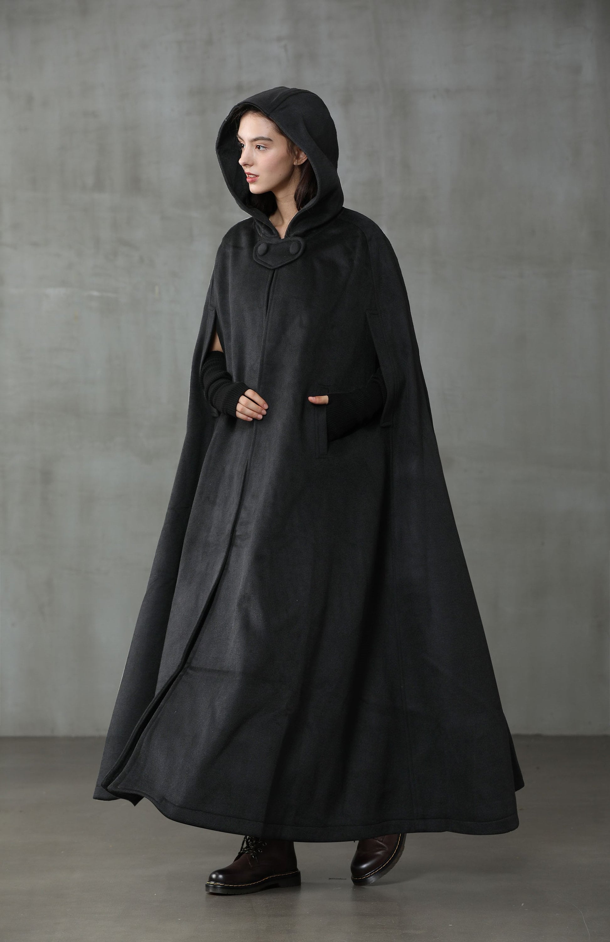 Black Hooded Wool Coat Cloak, Maxi Hooded Wool Coat Cloak, Maxi Cape ...