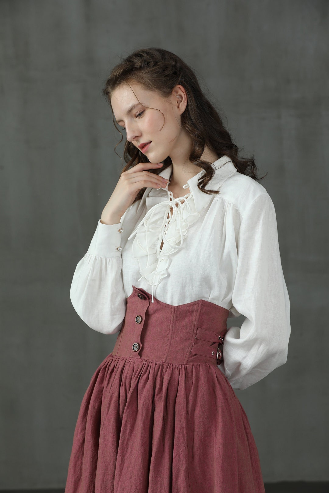 White Lace-up Linen Shirt, Ruffled Linen Shirt, Puff Sleeve Blouse ...