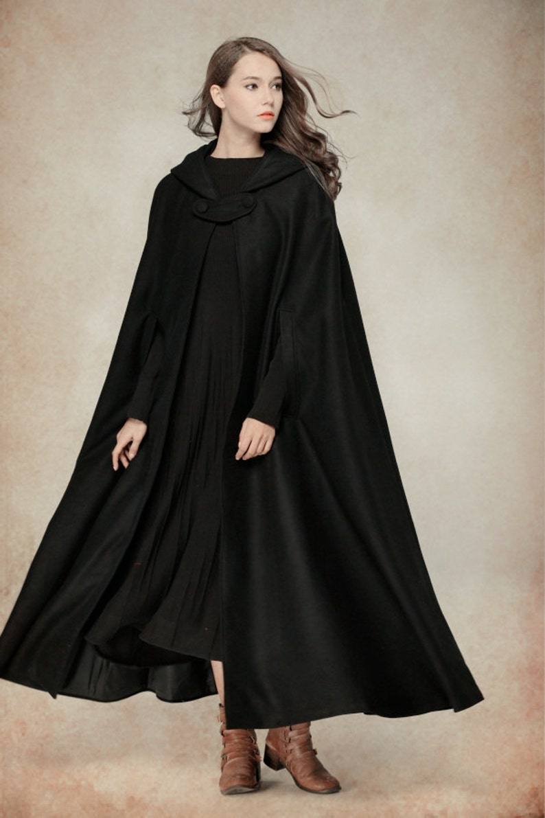 Flare Wool Coat Jacket Black Hooded Cloak Winter Cape Black - Etsy Canada