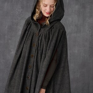 Hooded Wool Cloak Coat in Darkgray, Maxi Hooded Wool Cloak, Renaissance ...
