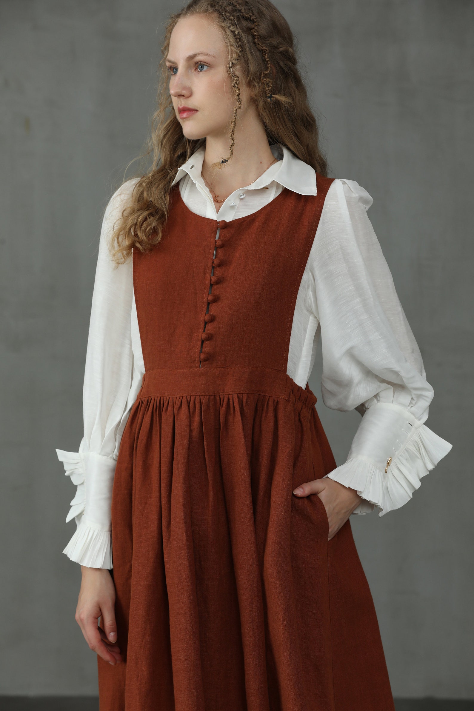 Buttoned up Linen Dress Apron Linen Dress in Chocolate - Etsy
