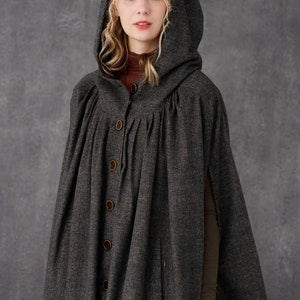 Hooded Wool Cloak Coat in Darkgray, Maxi Hooded Wool Cloak, Renaissance ...