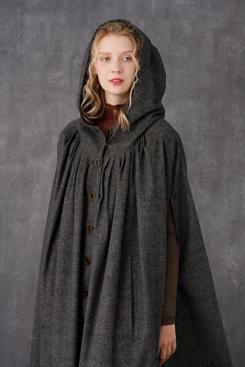 Hooded Wool Cloak Coat in Darkgray, Maxi Hooded Wool Cloak, Renaissance ...