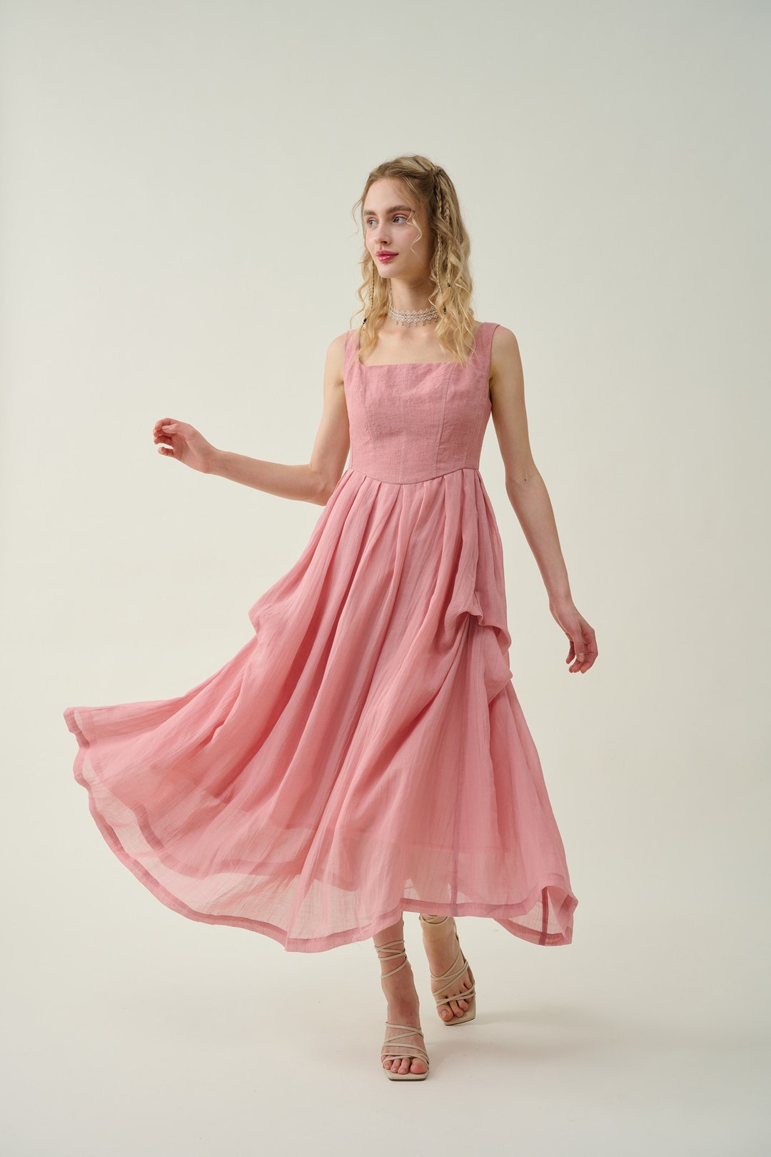 Ruffle Pink Linen Dress, Corset Linen Drses, French Dress, Renaissance ...