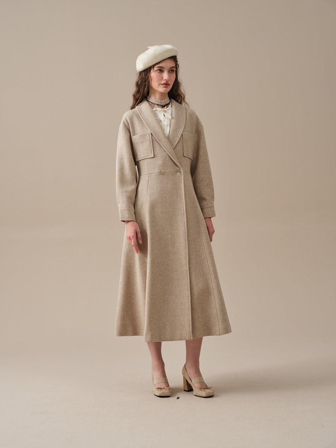 Maxi Wool Coat in Oat Cream, Women Coat, Double Breasted Coat, Winter Coat, Retro Coat, Warm ...