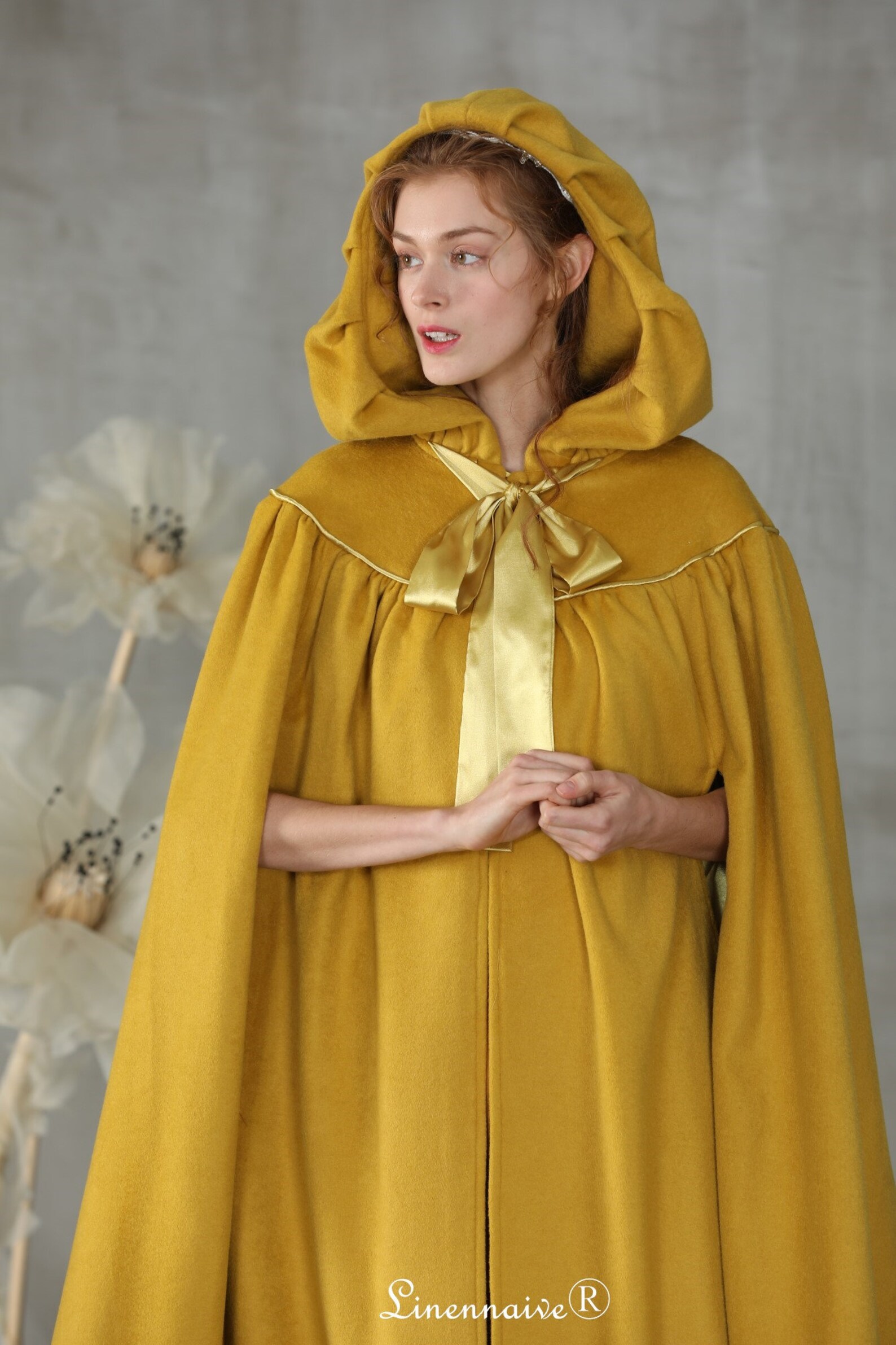 Hooded cloak in yellow maxi wool cloak cape wool cape | Etsy