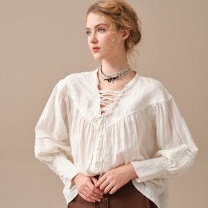 White Linen Blouse, Lace up Blouse, Puff Sleeve Blouse, Long-sleeved ...