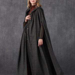 Hooded Wool Cloak Coat in Darkgray, Maxi Hooded Wool Cloak, Renaissance ...