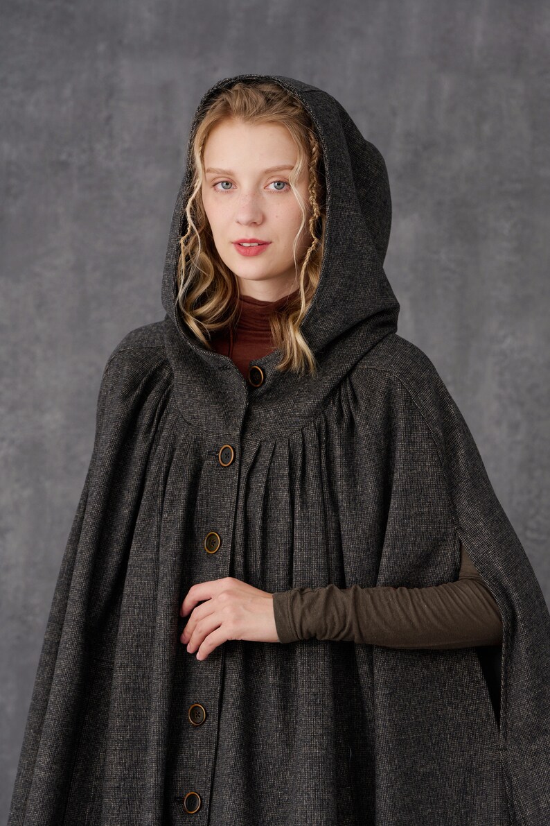 Hooded Wool Cloak Coat in Darkgray, Maxi Hooded Wool Cloak, Renaissance ...
