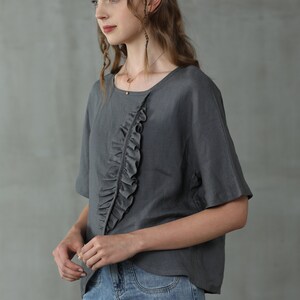 French Linen Top Blouse in Gray/white, Earth Day Top, Linen Shirt ...