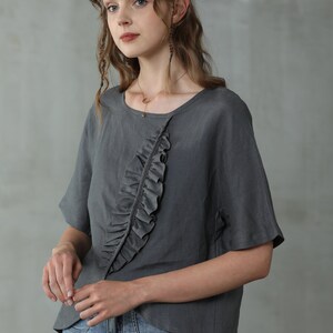 French Linen Top Blouse in Gray/white, Earth Day Top, Linen Shirt ...