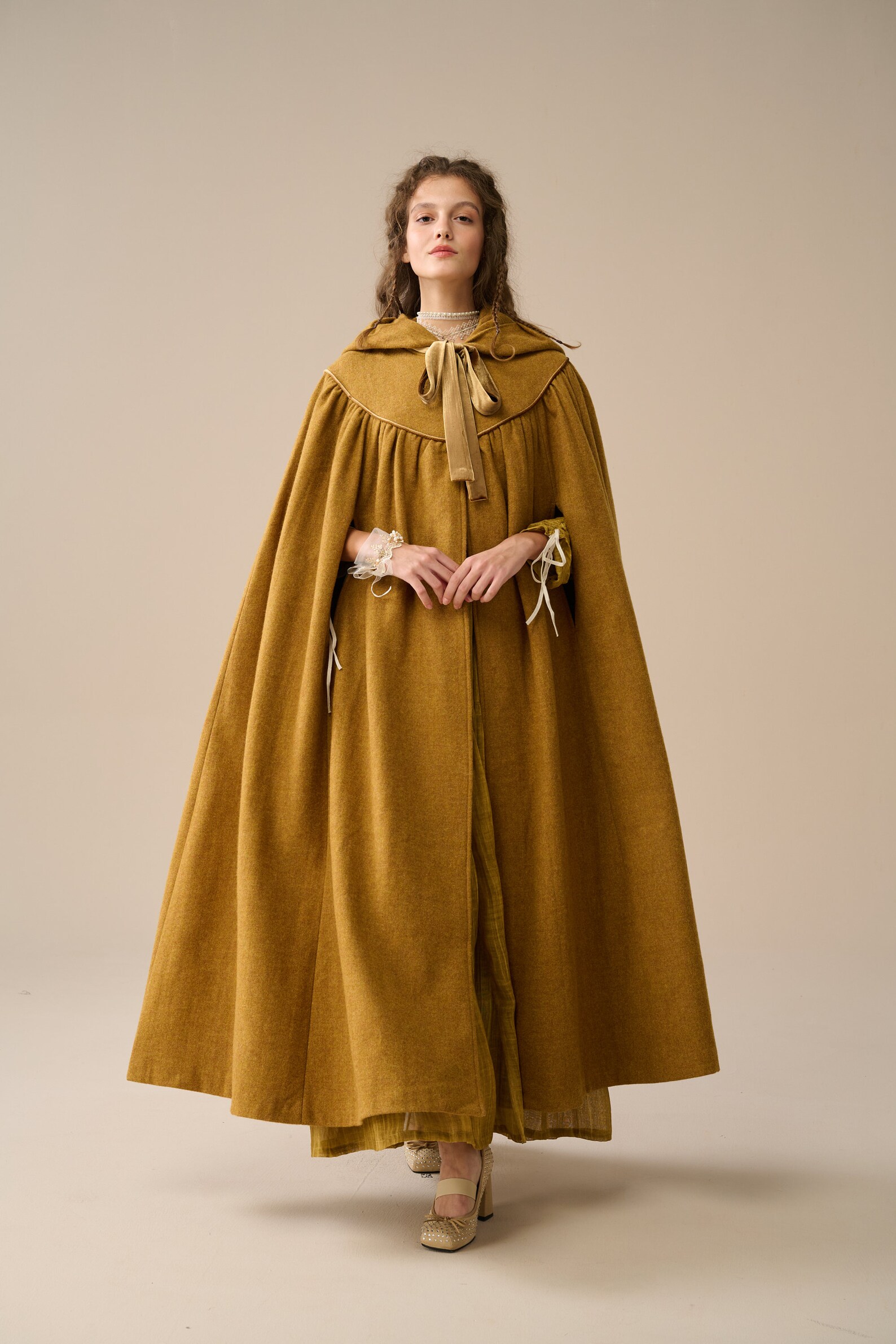 Hooded Wool Cloak Cape, Hooded Cloak Cape in Amber Gold, Maxi Wedding ...