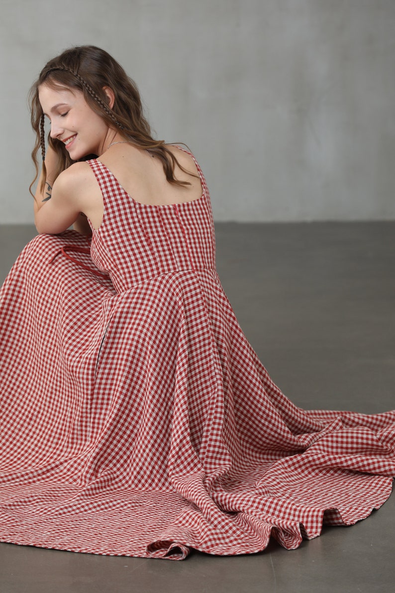 Strappy Maxi Linen Dress Red Check Linen Dress Slip Dress | Etsy