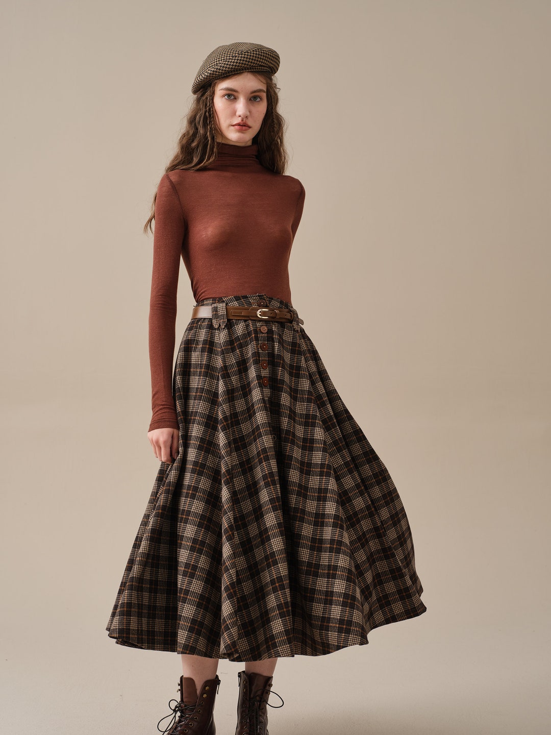 Midi Wool Skirt, Dark Brown Plaid Wool Skirt, Vintage Wool Skirt ...