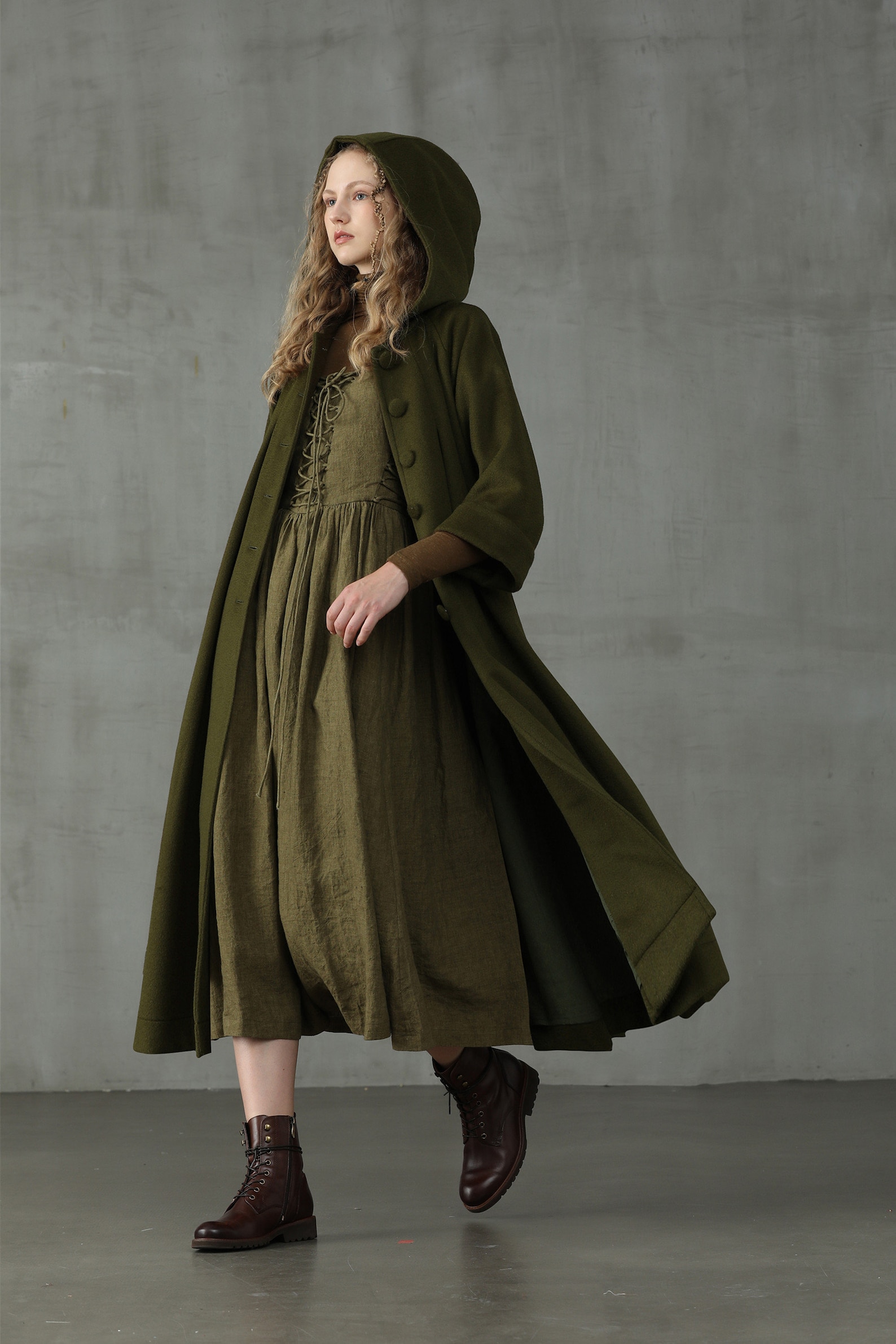 Hooded Wool Coat Jacket in Moss Green, Retro Hooded Wool Coat, Long ...