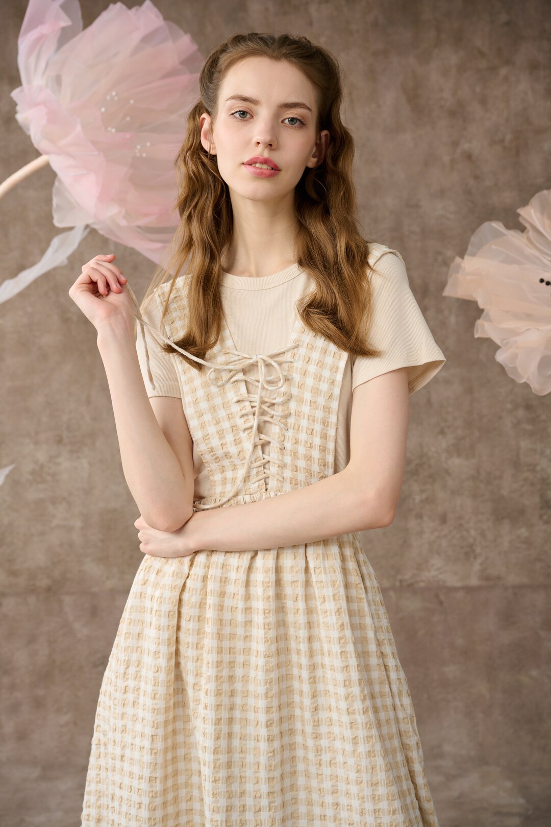 Bubble Linen Dress in Cream Check, Pinafore Linen Dress, Lace-up Dress ...