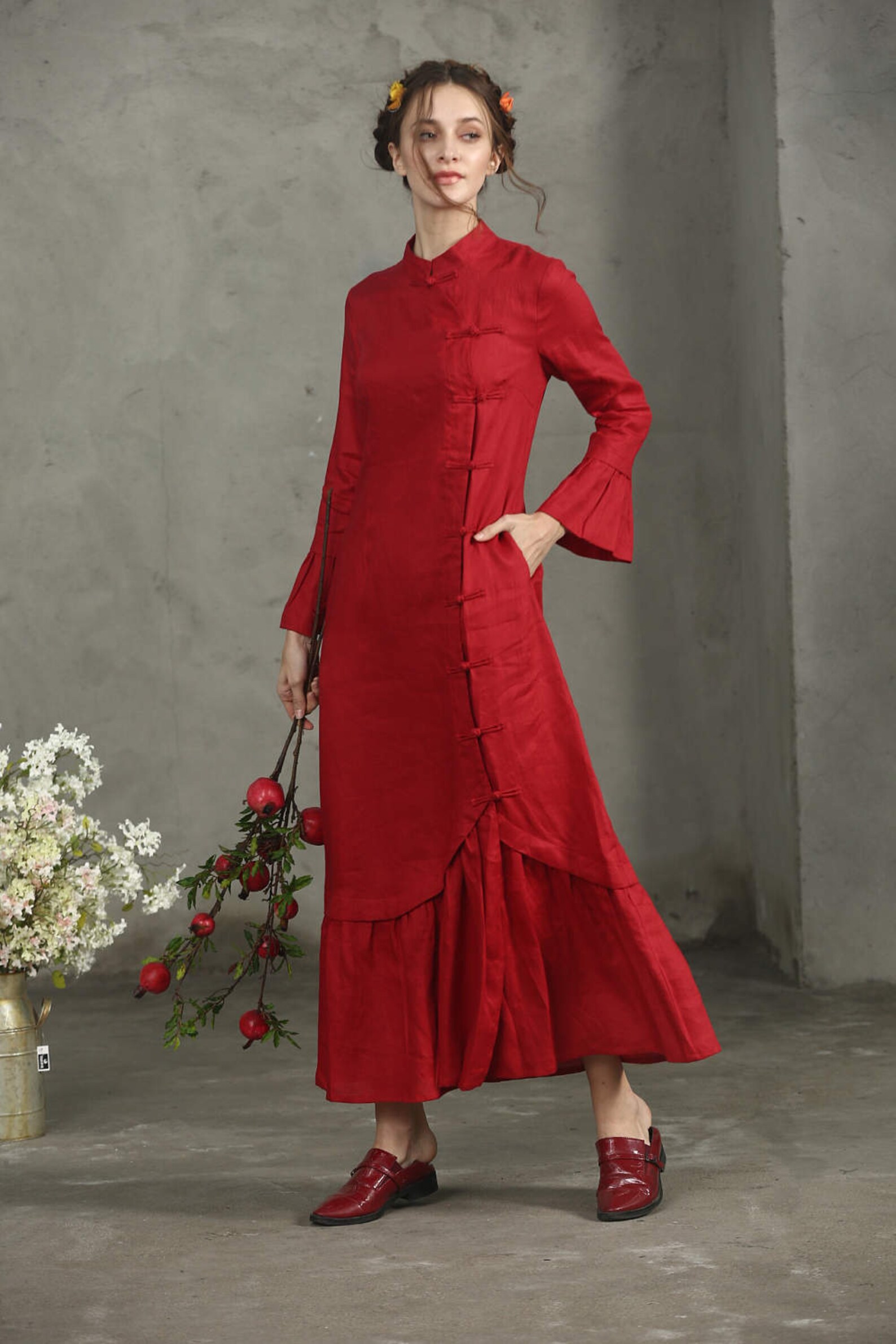 Robe longue de lin rose robe robe large robe de lin du choc | Etsy