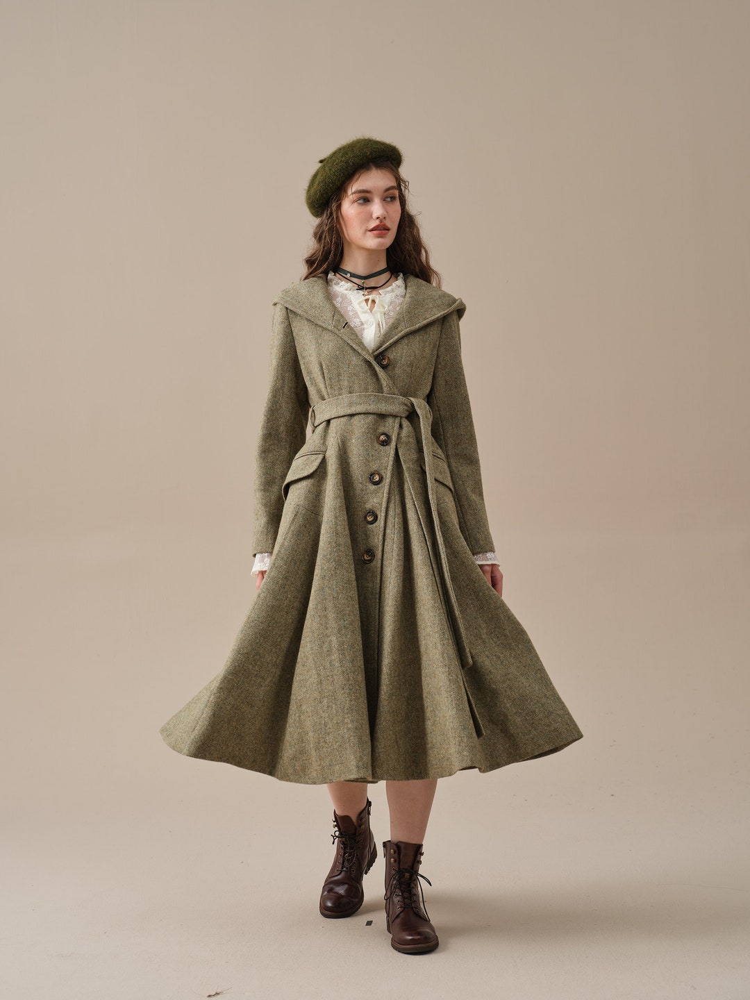 Hooded Wool Coat in Cyan Green, Belted Waisted Wool Coat, Winter Wool ...