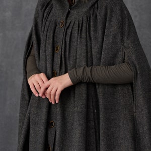 Hooded Wool Cloak Coat in Darkgray, Maxi Hooded Wool Cloak, Renaissance ...