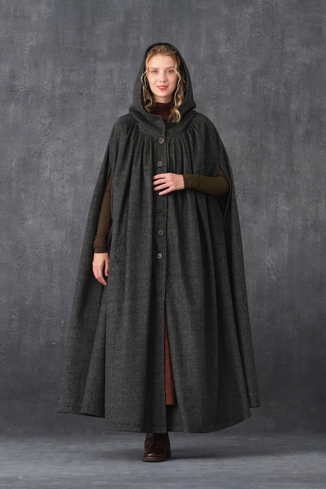 Hooded Wool Cloak Coat in Darkgray, Maxi Hooded Wool Cloak, Renaissance ...