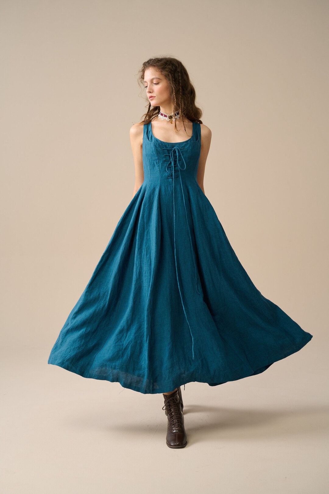 Cocktail Linen Dress in Steel Blue, Sleeveless Dress, Vintage Dress ...