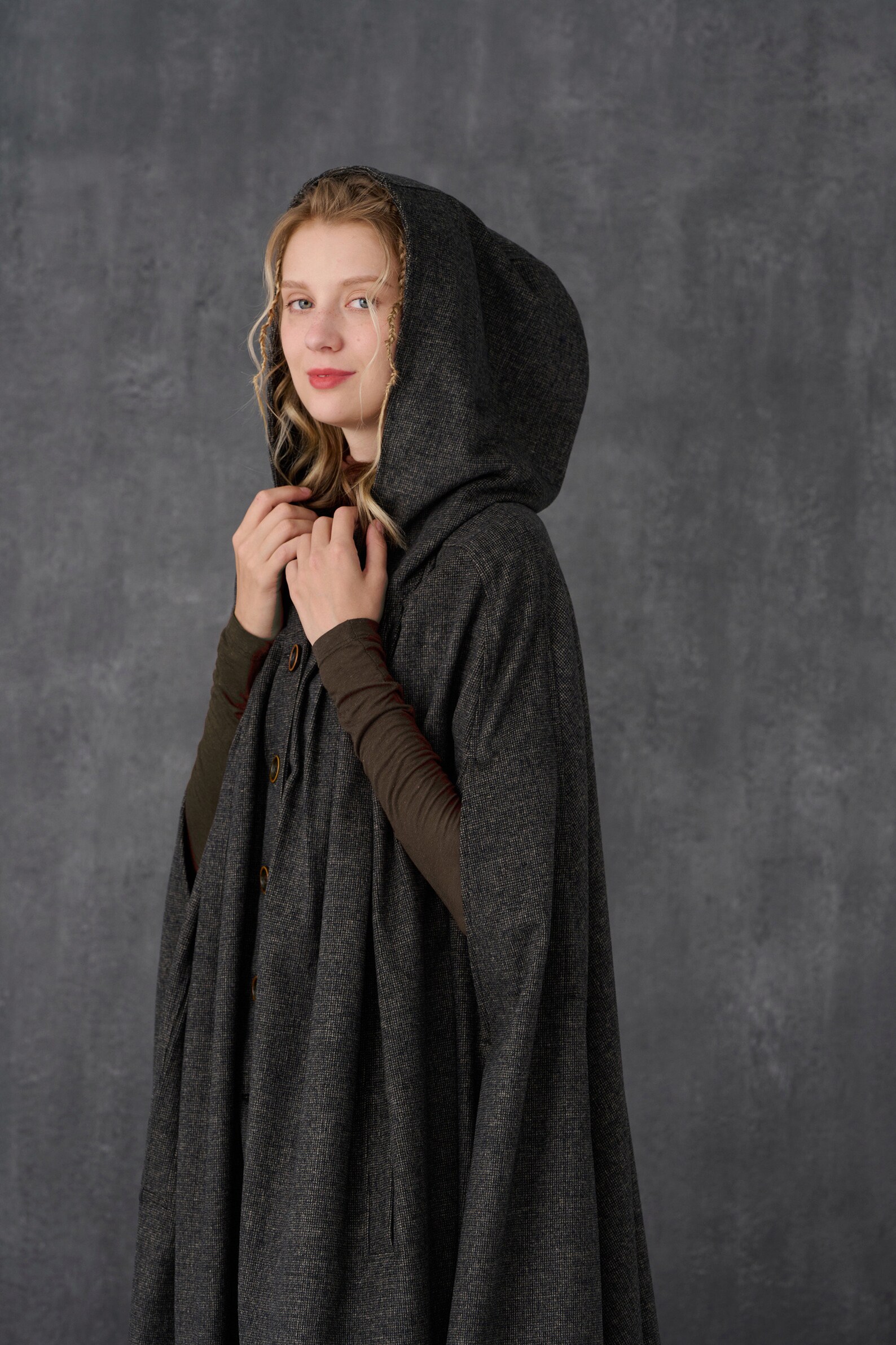 Hooded Wool Cloak Coat in Darkgray, Maxi Hooded Wool Cloak, Renaissance ...