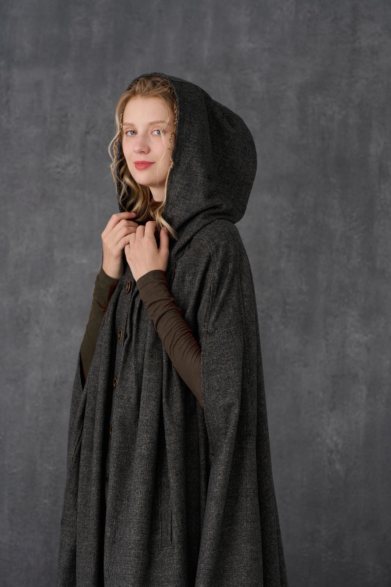 Hooded Wool Cloak Coat in Darkgray, Maxi Hooded Wool Cloak, Renaissance ...