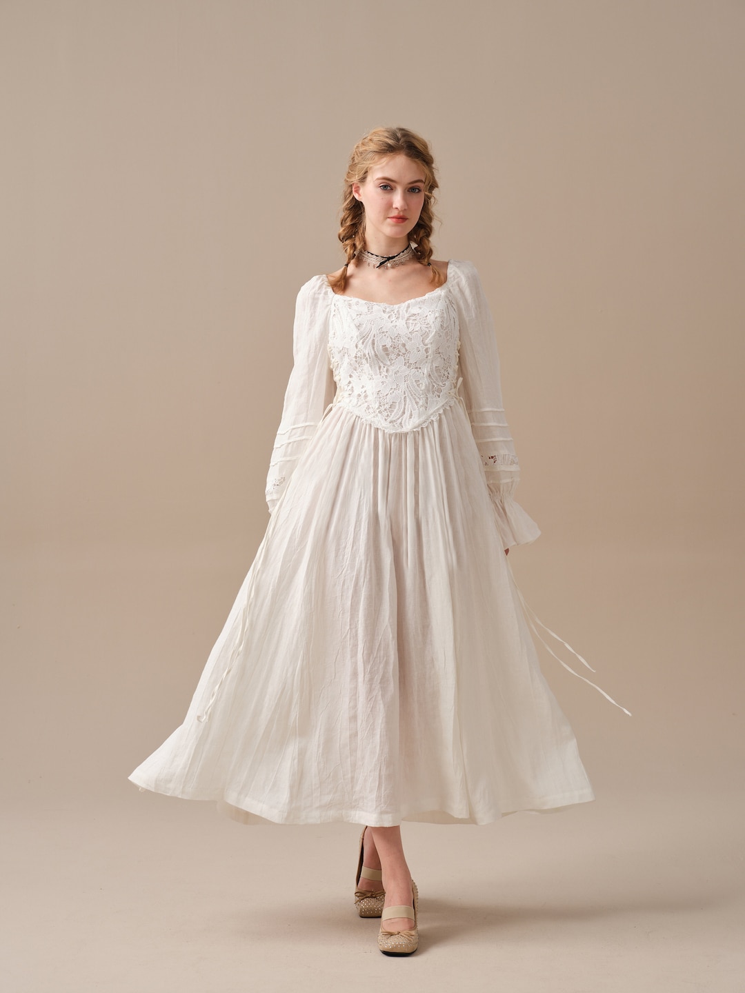 Linen Wedding Dress, White Dress, Lace Embroidered Linen Dress, Corset ...