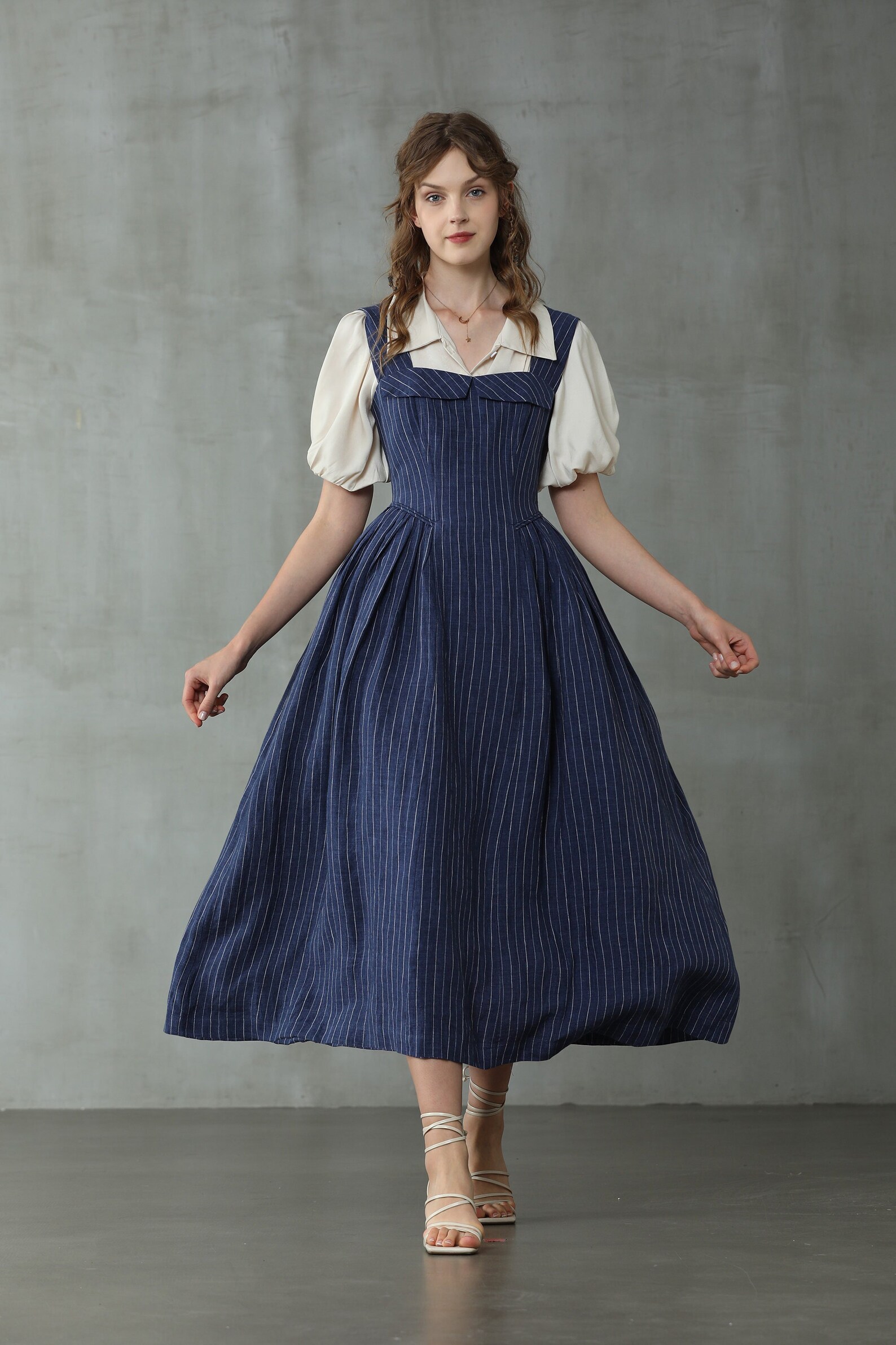 Striped Linen Dress in Midnightblue Pleated Midi Dress - Etsy