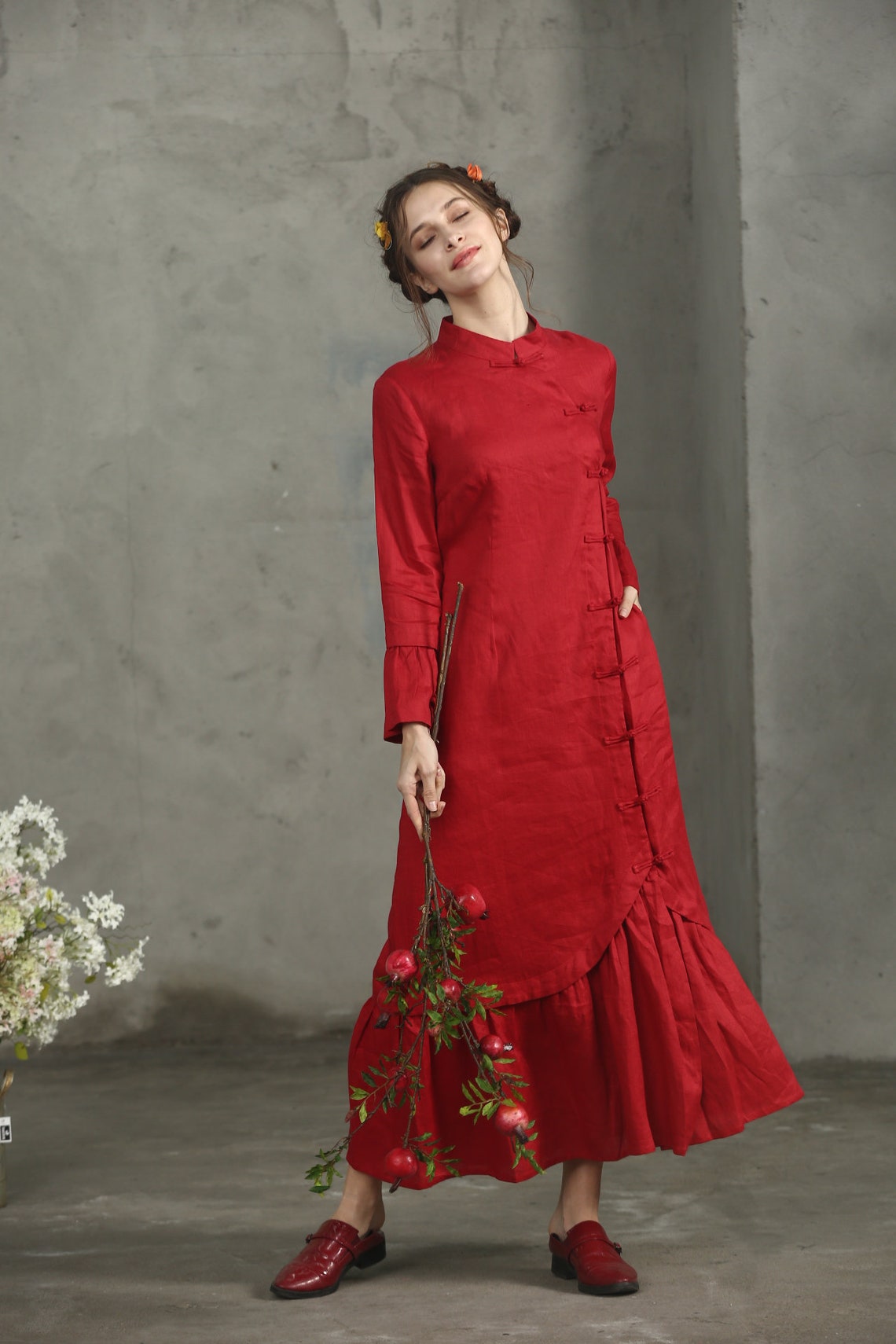 Robe longue de lin rose robe robe large robe de lin du choc | Etsy