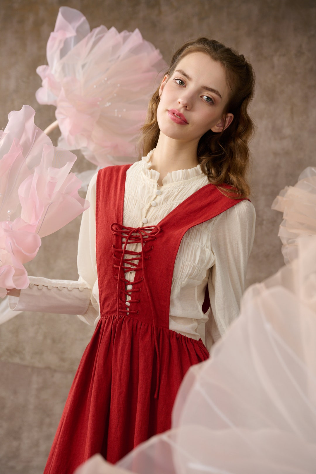 Bubble Linen Dress in Red, Pinafore Linen Dress, Lace-up Dress, Midi ...