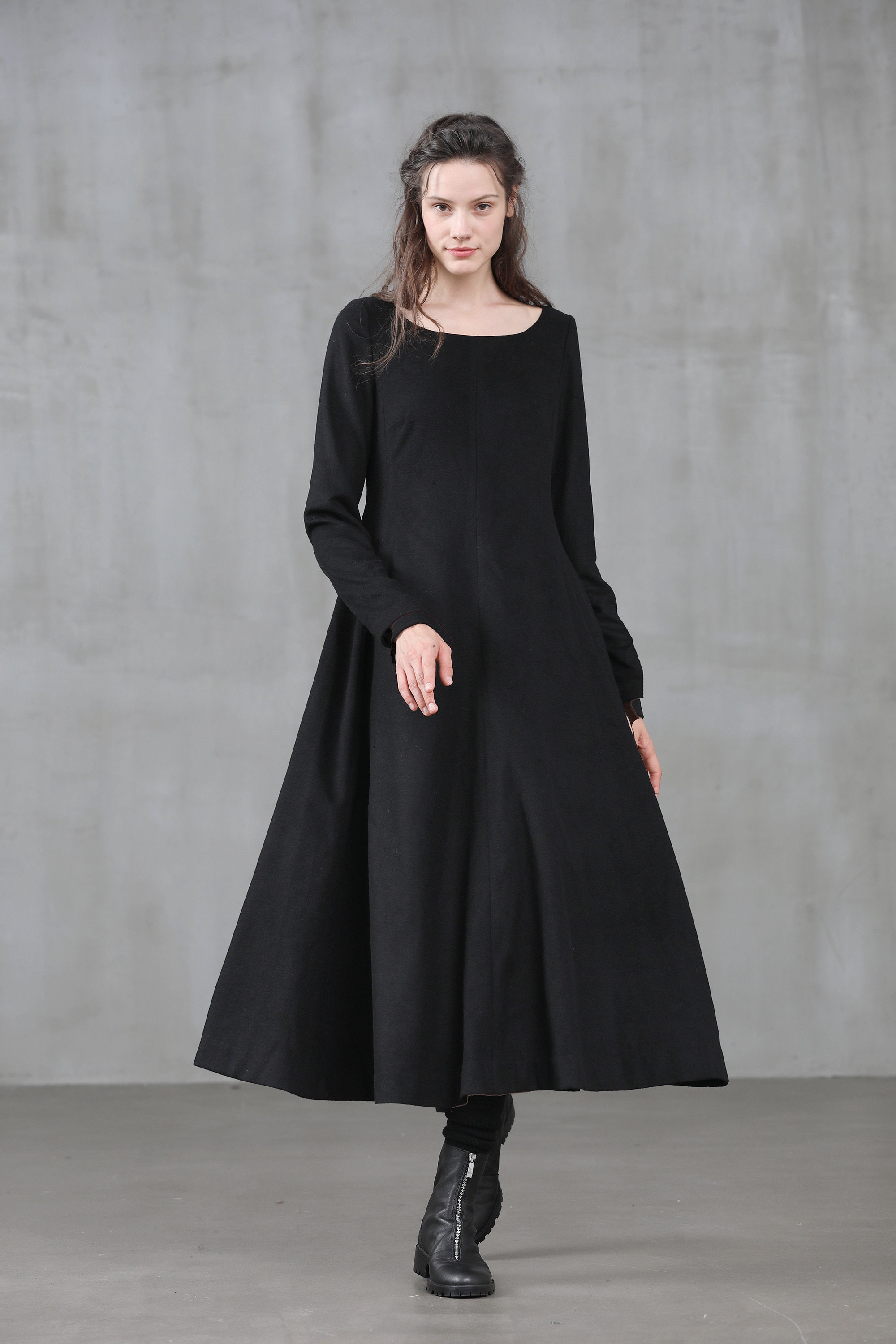 Black wool dress winter dress little black dress longsleeve | Etsy