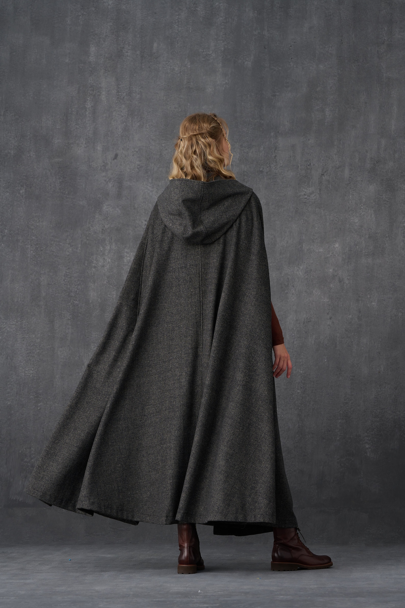 Hooded Wool Cloak Coat in Darkgray, Maxi Hooded Wool Cloak, Renaissance ...