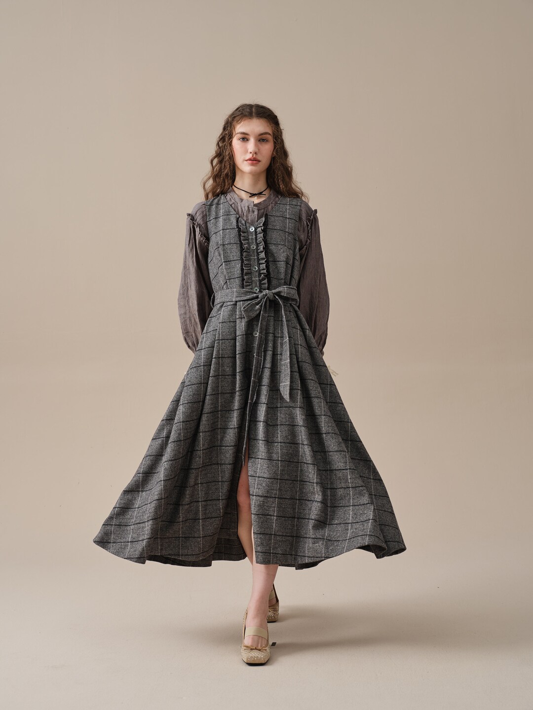Tartan Wool Dress in Grey, Ruffle Dress, Belt Dress, Elegant Dresses ...