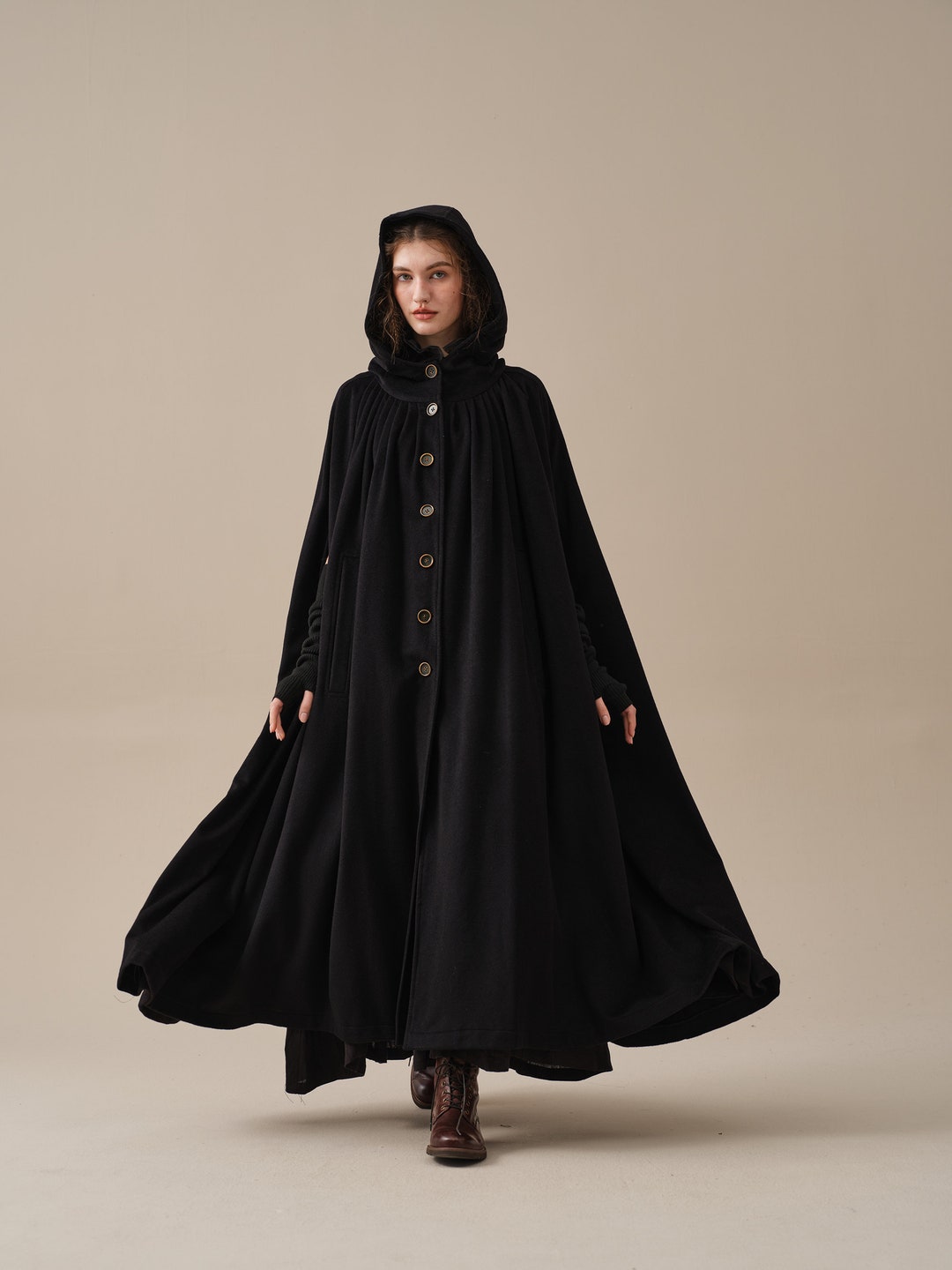 Hooded Wool Cloak Coat in Black, Maxi Hooded Wool Cloak, Renaissance ...