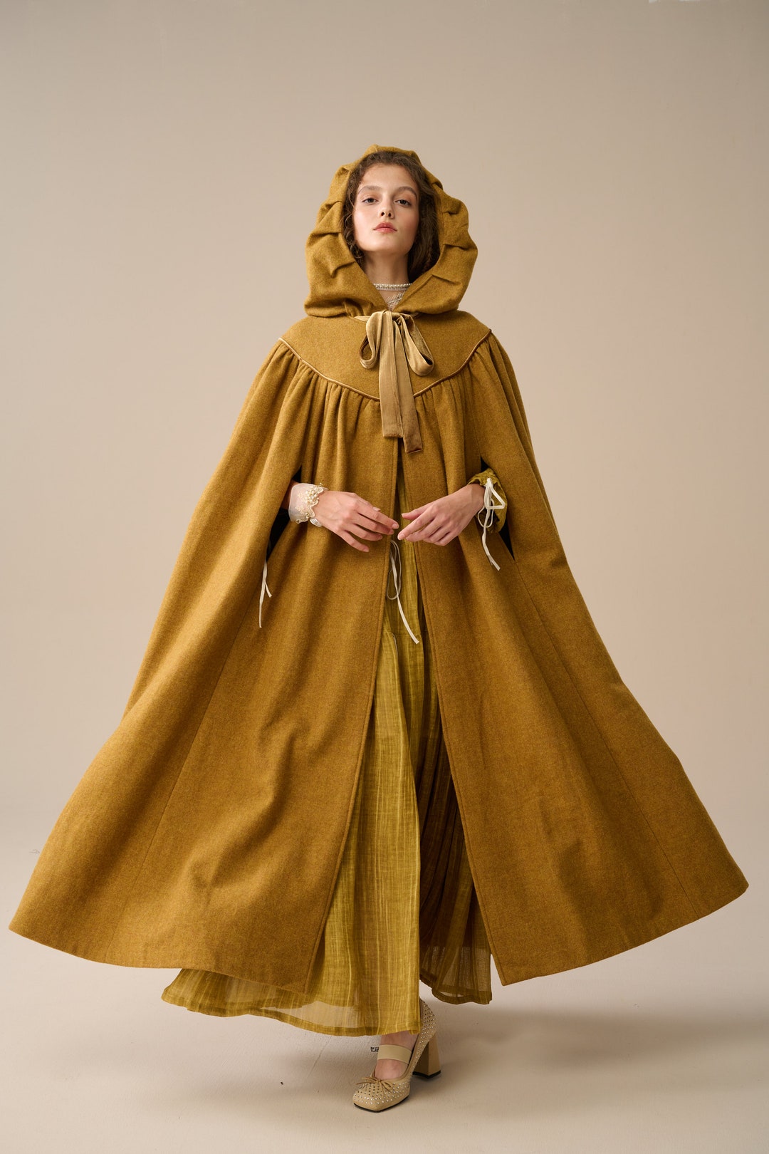 Hooded Wool Cloak Cape, Hooded Cloak Cape in Amber Gold, Maxi Wedding ...