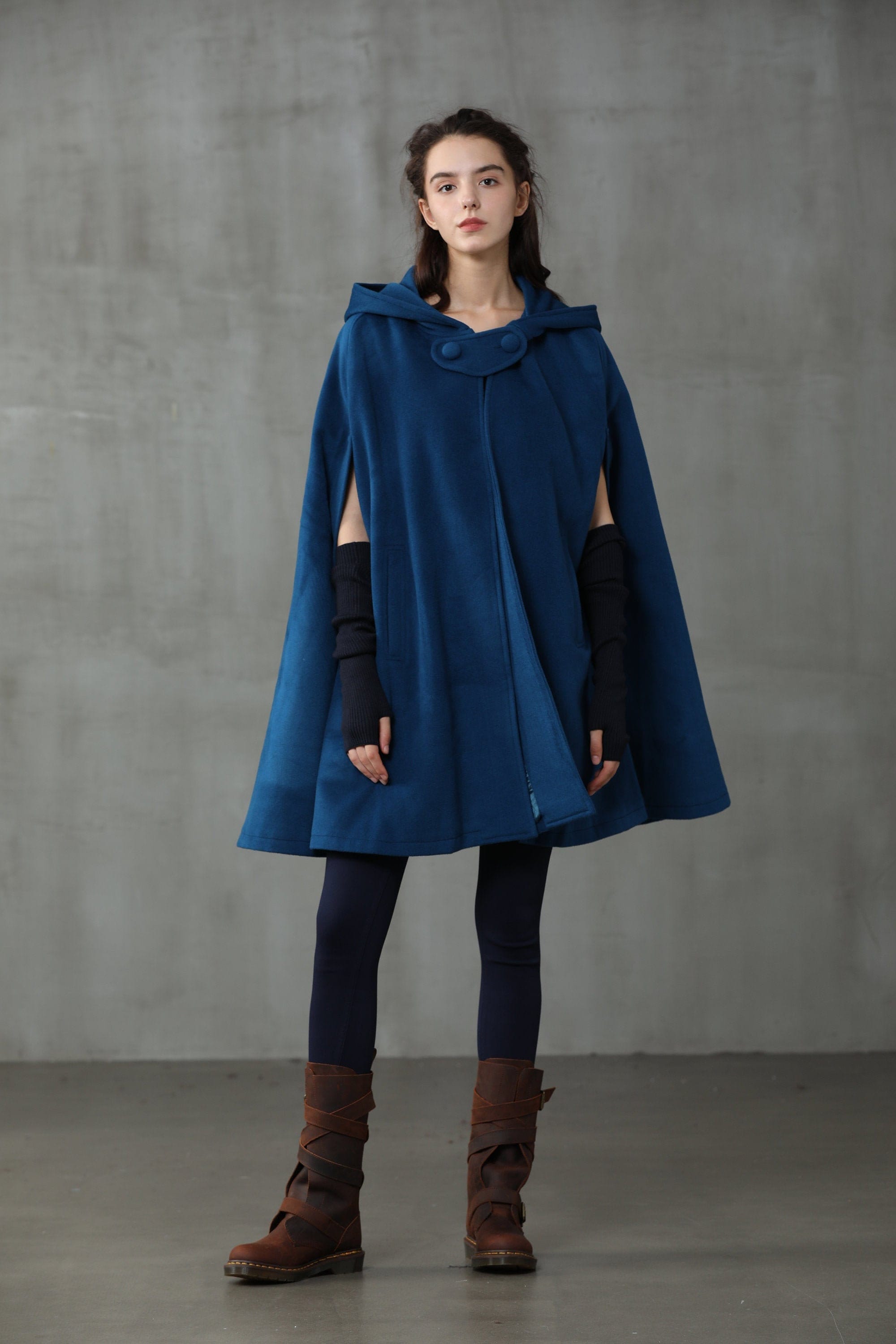 Blue Wool Cape, Oversized Hooded Cape, Hooded Wool Cape, Hooded Wool ...