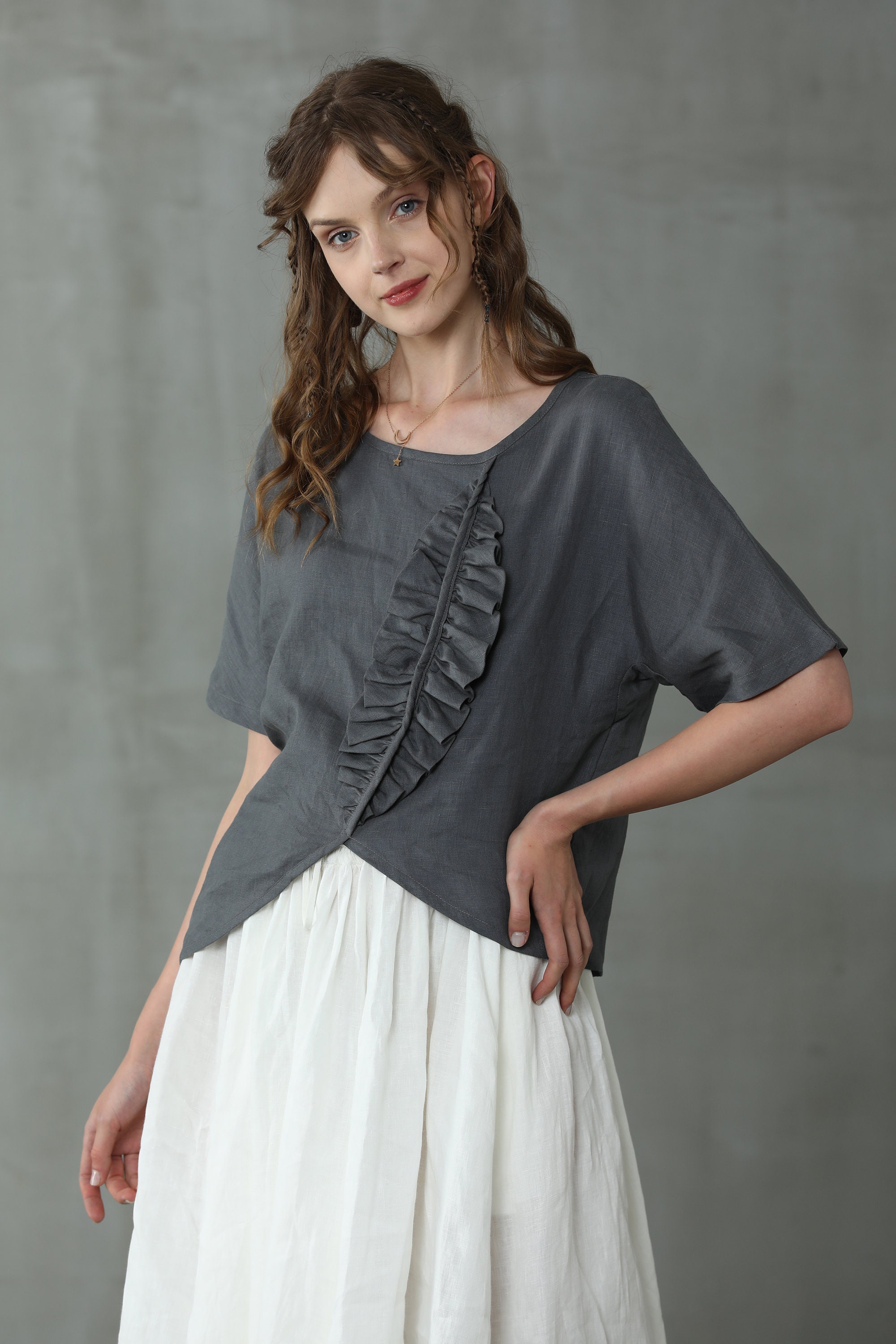 French Linen Top Blouse in Gray/white Earth Day Top Linen - Etsy Canada