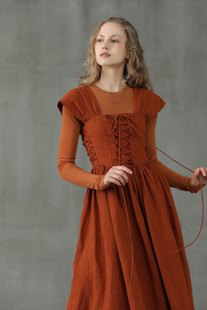 Linen Formal Dress Corset Linen Dress in Dark Burnt Orange - Etsy