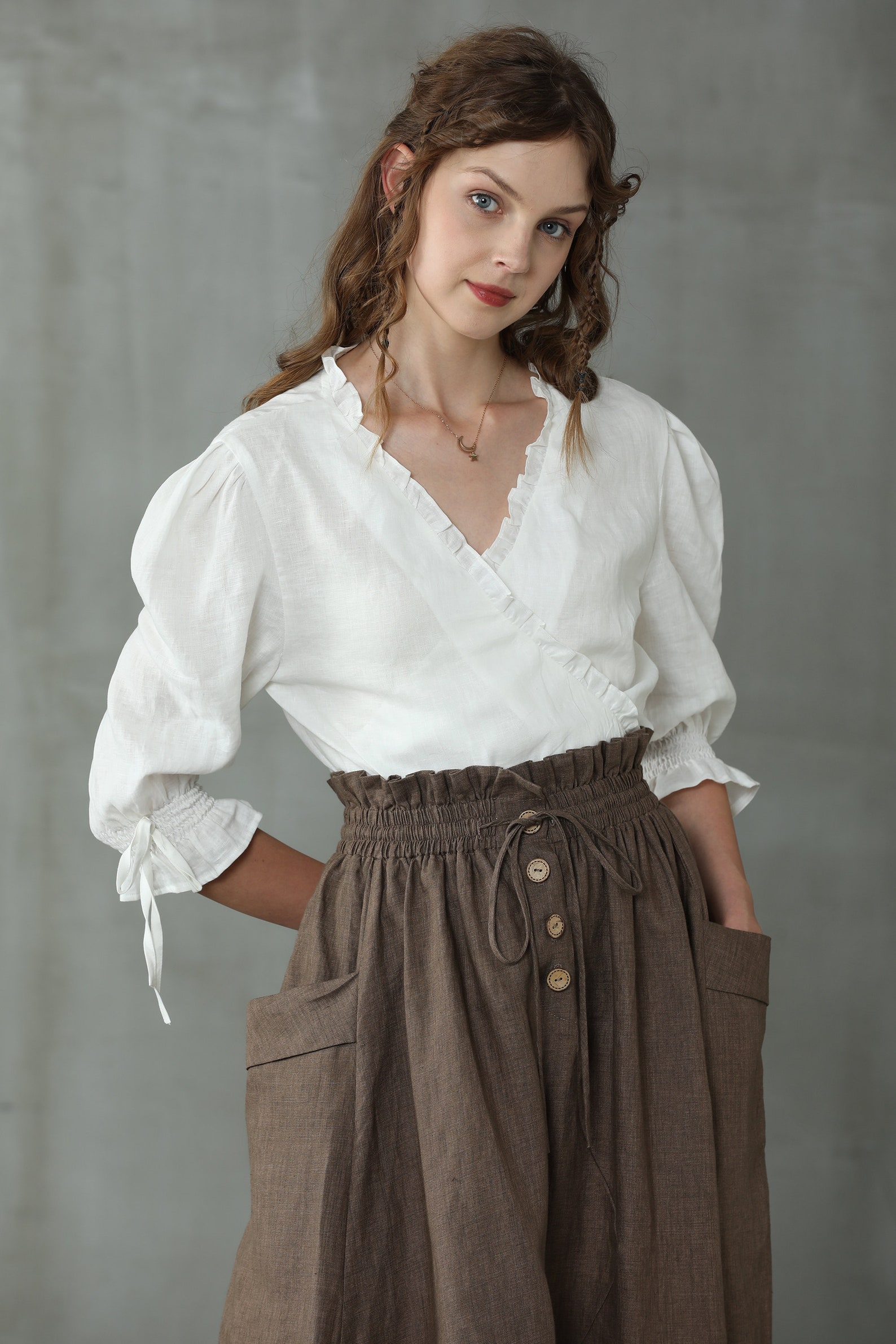 Wrap White Linen Shirt V-neck Linen Blouse in White Pleated - Etsy