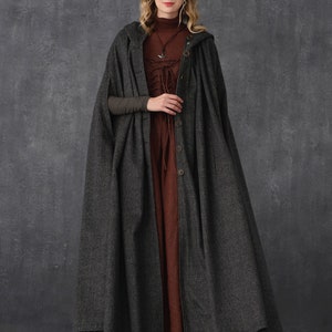 Hooded Wool Cloak Coat in Darkgray, Maxi Hooded Wool Cloak, Renaissance ...